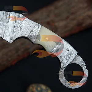 Handmade Damascus Karambit Hunting Knife: Camel Bone Handle, Leather ...