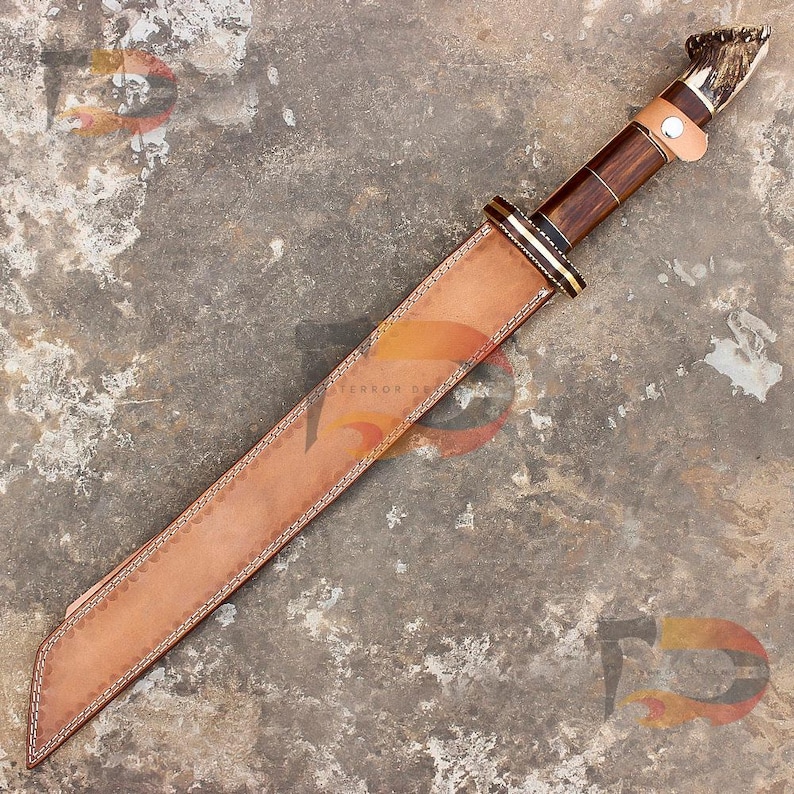 Handcrafted Damascus Sword: Crown Antler Handle, Leather Sheath - Etsy