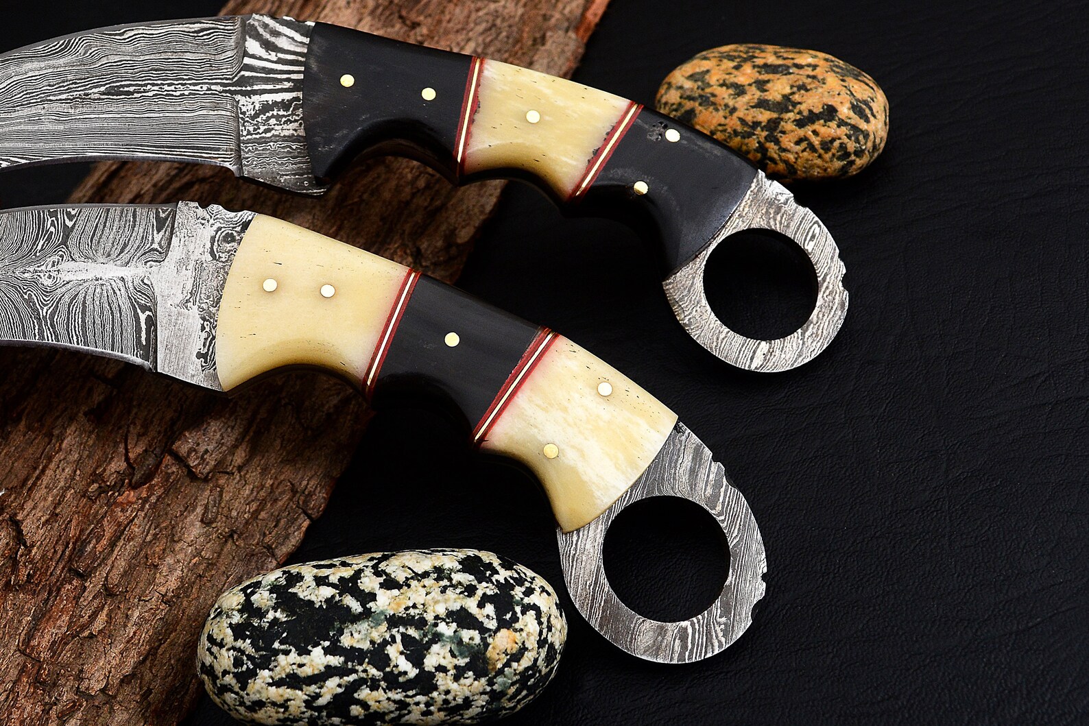 Handmade Damascus Karambit Knife Set: Camel & Buffalo Horn Handles - Etsy
