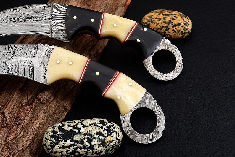 Handmade Damascus Karambit Knife Set: Camel & Buffalo Horn Handles - Etsy