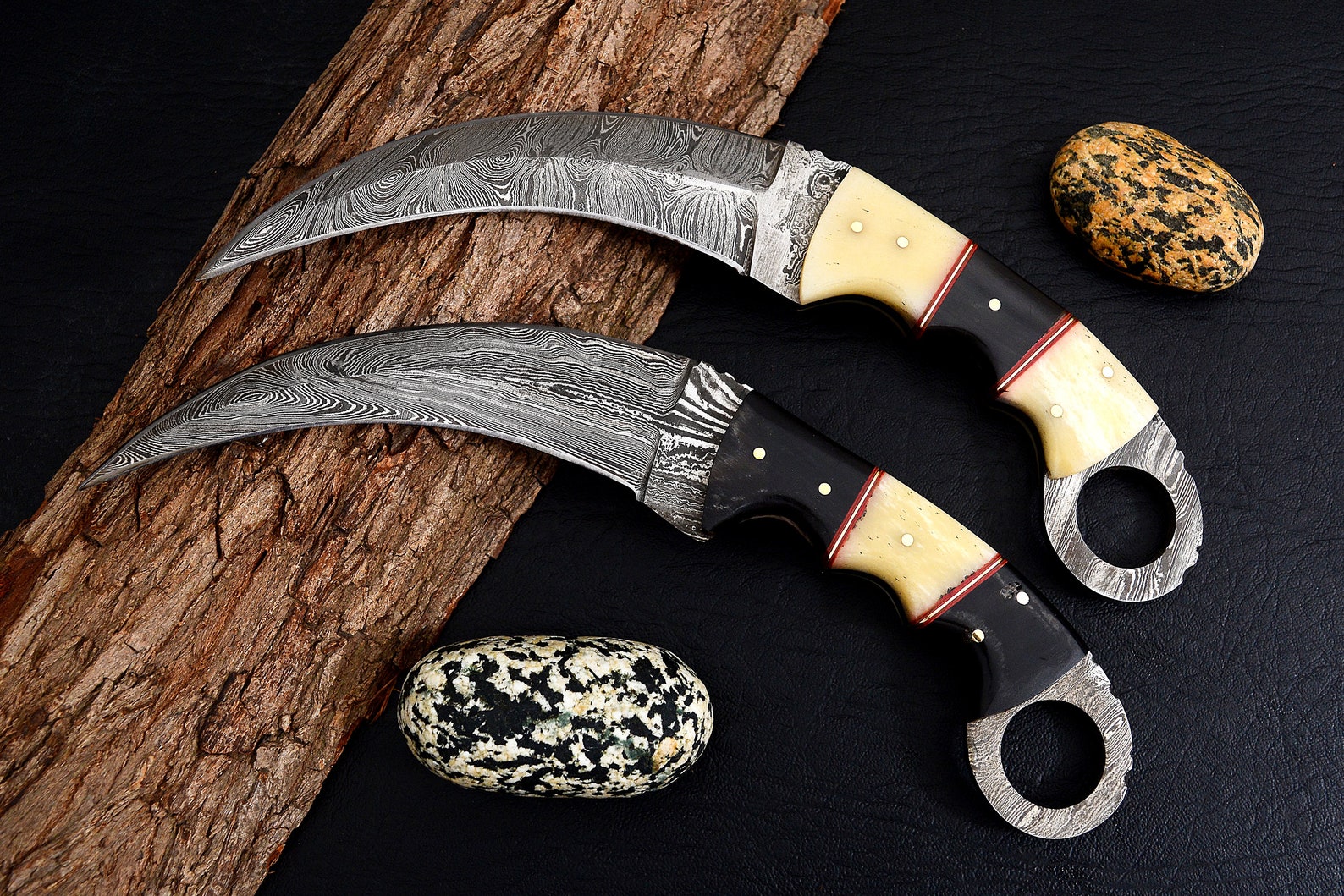 Handmade Damascus Karambit Knife Set: Camel & Buffalo Horn Handles - Etsy