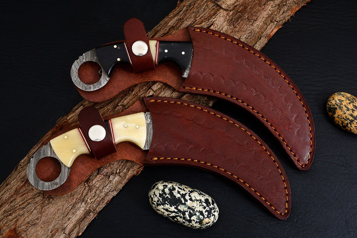 Handmade Damascus Karambit Knife Set: Camel & Buffalo Horn Handles - Etsy