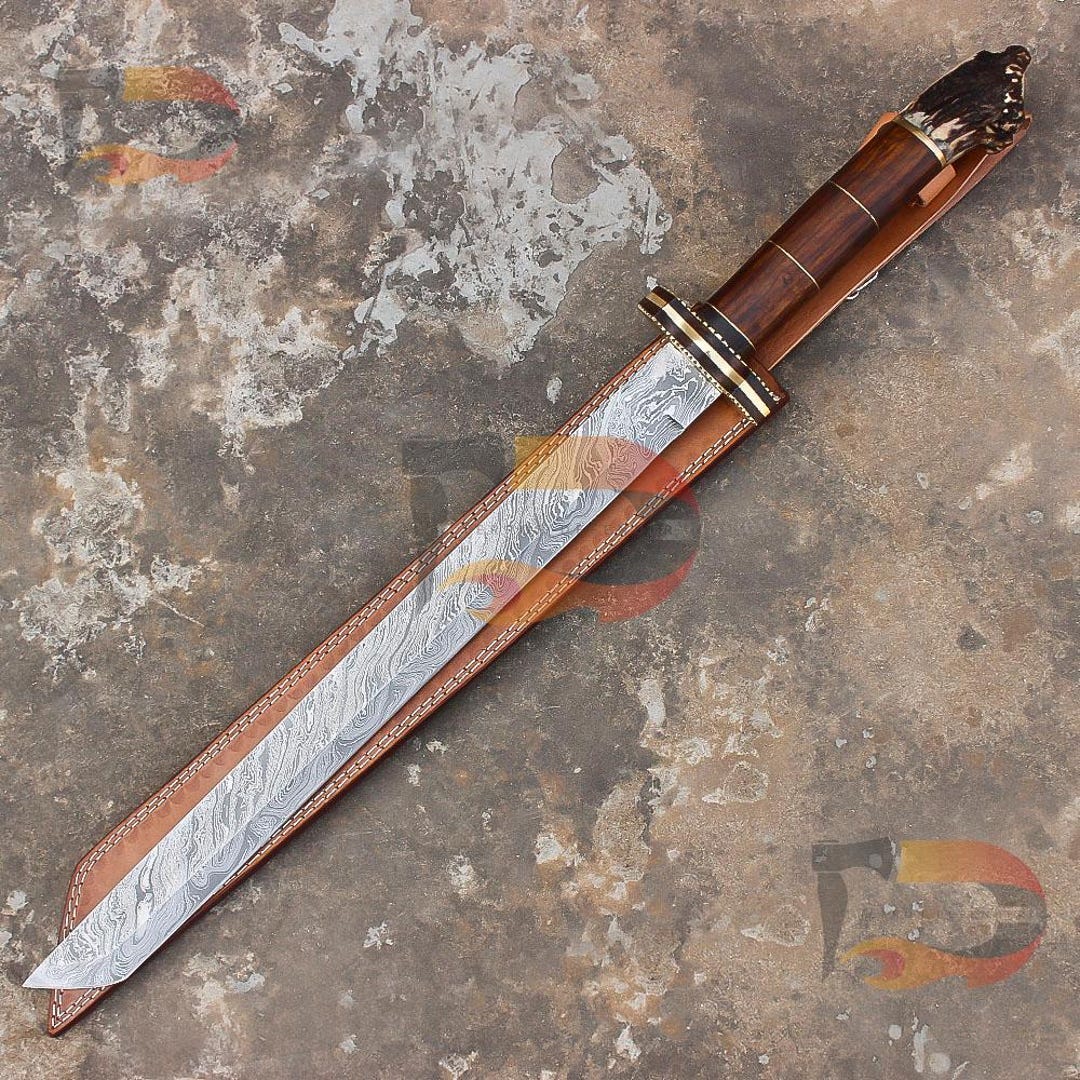 Handcrafted Damascus Sword: Crown Antler Handle, Leather Sheath - Etsy