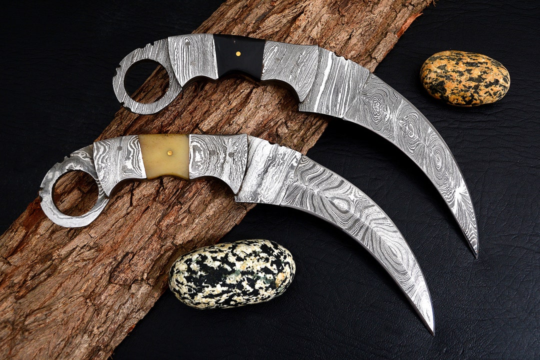 Handmade Damascus Karambit Knife Set: Camel & Buffalo Horn Handles - Etsy