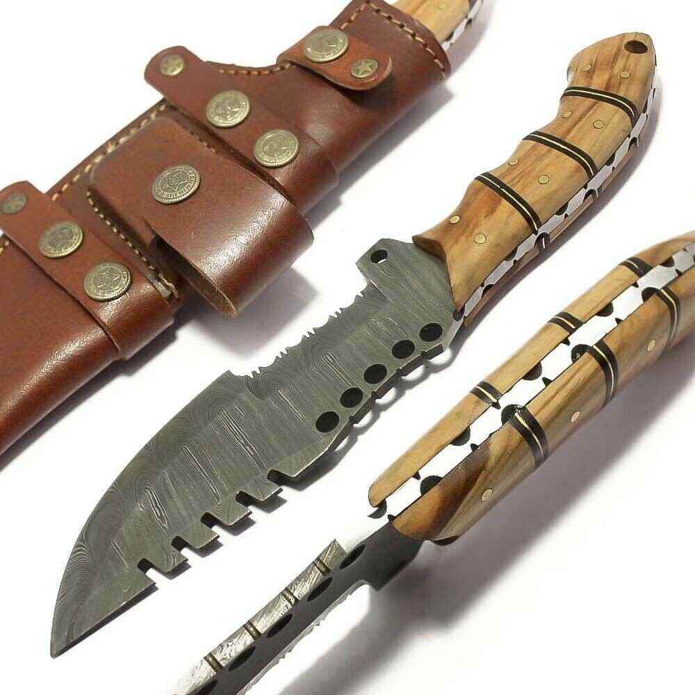 Handmade Damascus Steel Full Tang Olive Wood Tracker Knife - Etsy