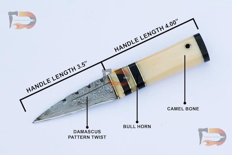 Handmade Damascus Steel Sgian Dubh: Celtic Dirk Knife With Camel & Bull ...