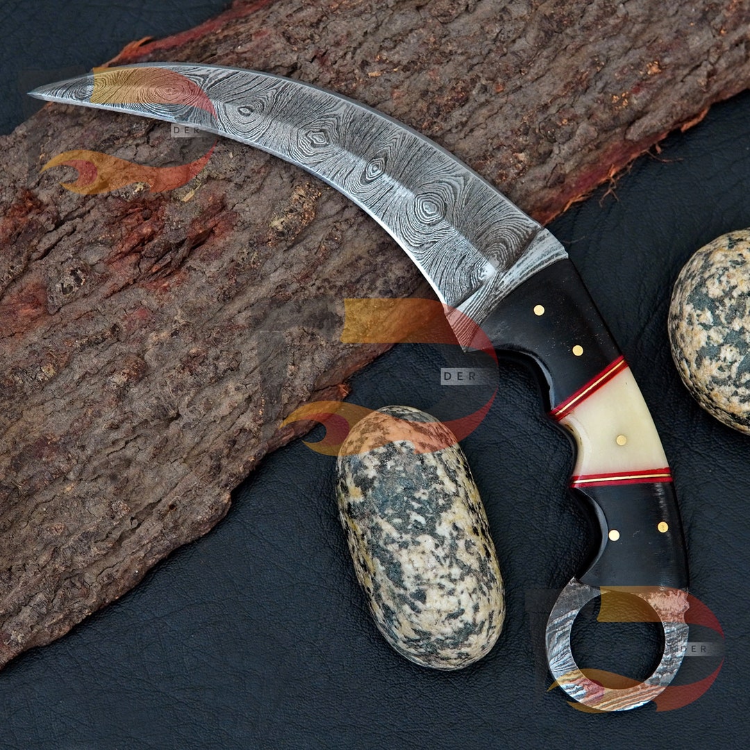 Handmade Damascus Karambit Knife: Buffalo Horn & Camel Handle, Leather ...