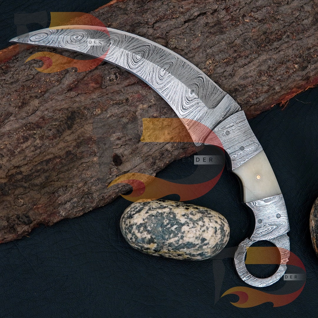 Handmade Damascus Karambit Hunting Knife: Camel Bone Handle, Leather ...