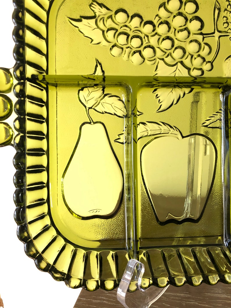 Vintage Rectangular Olive Green Glass Serving Platter With Dividers 5 ...