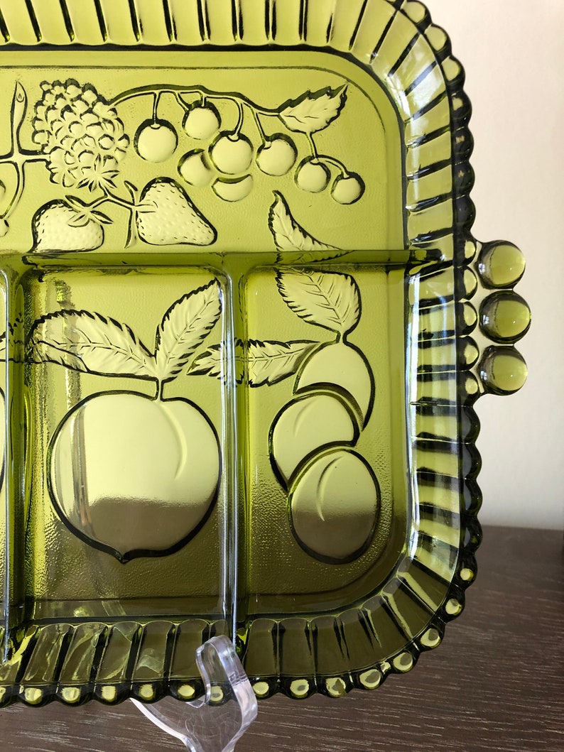 Vintage Rectangular Olive Green Glass Serving Platter With Dividers 5 ...