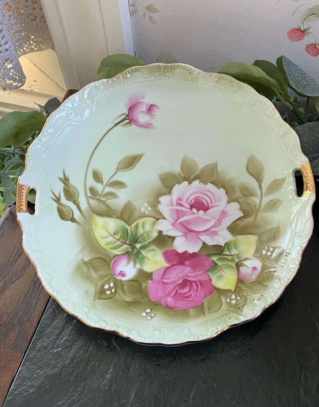 Antique Lefton China Hand Painted Plate 1950's Light Green Pink Rose ...