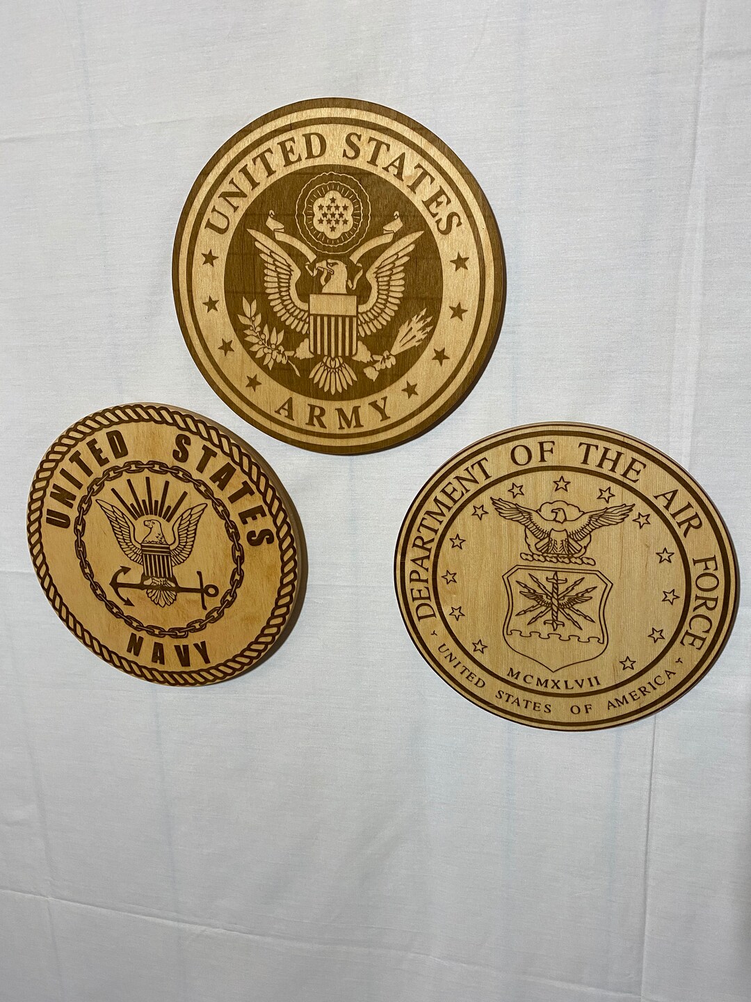 US Armed Forces Logos (6 Branches) on 12in Round Laser Engraved Wood ...