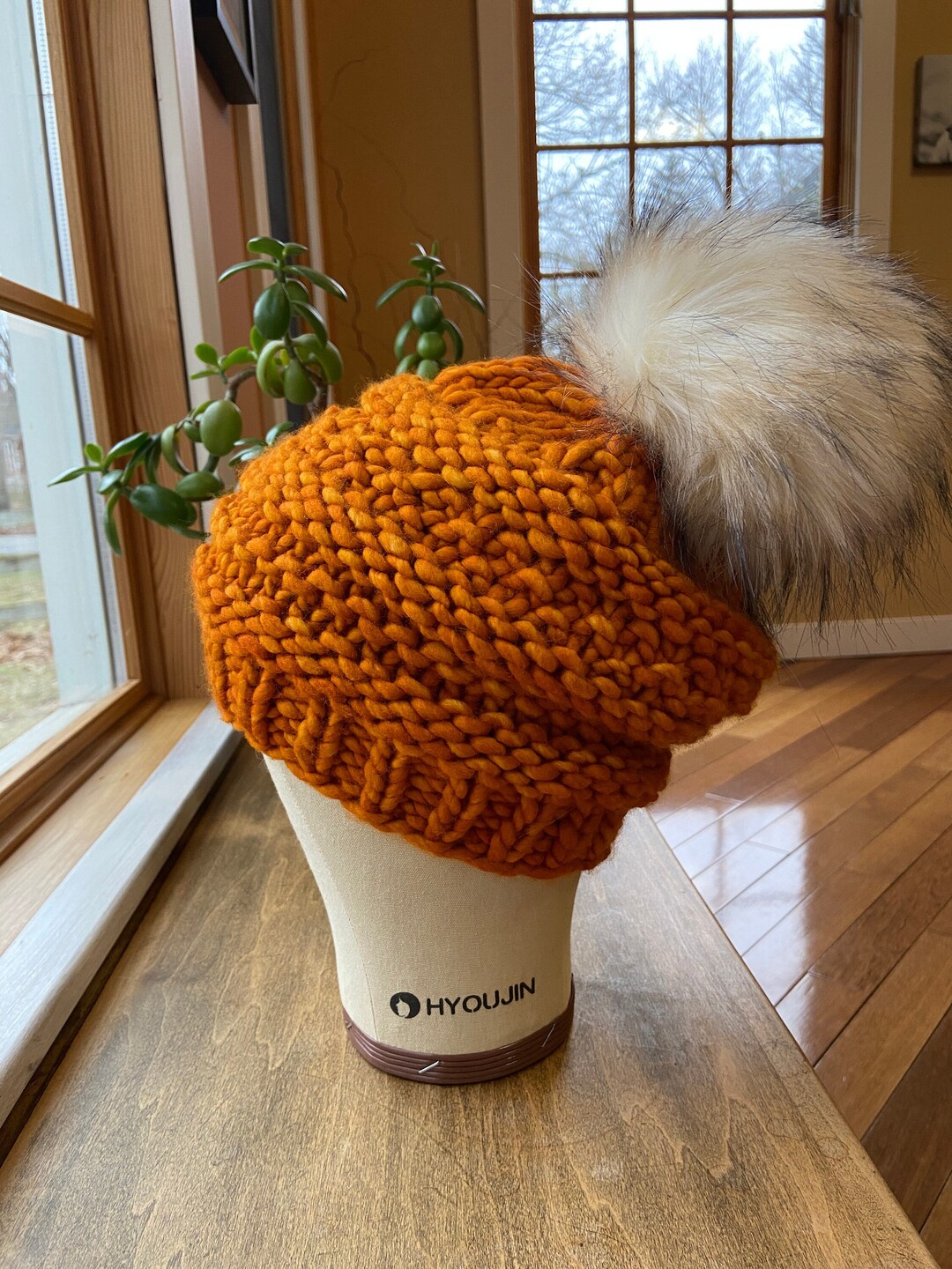 Sunset Orange Merino Wool Knit Beanie: Chunky Faux Fur Pom Hat - Etsy