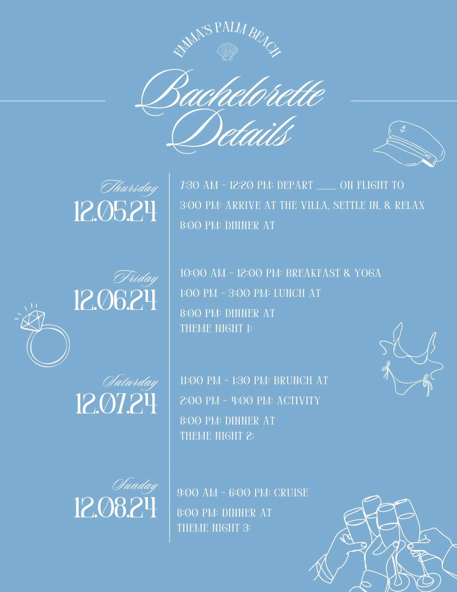 Bachelorette Party Itinerary Template, Bach Club Travel Itinerary ...