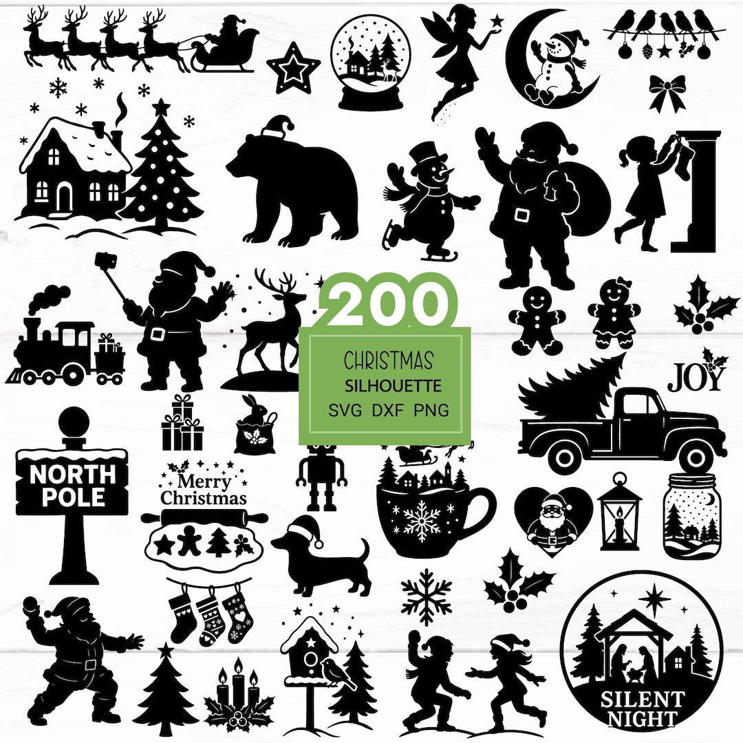 200 Christmas SVG Bundle Cute Silhouette Clipart Santa Snowman Tree ...