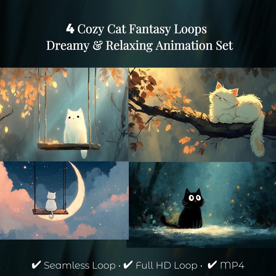 4 Cozy Fantasy Cat Animation Loops | Dreamy Magical Night Cats | Full ...