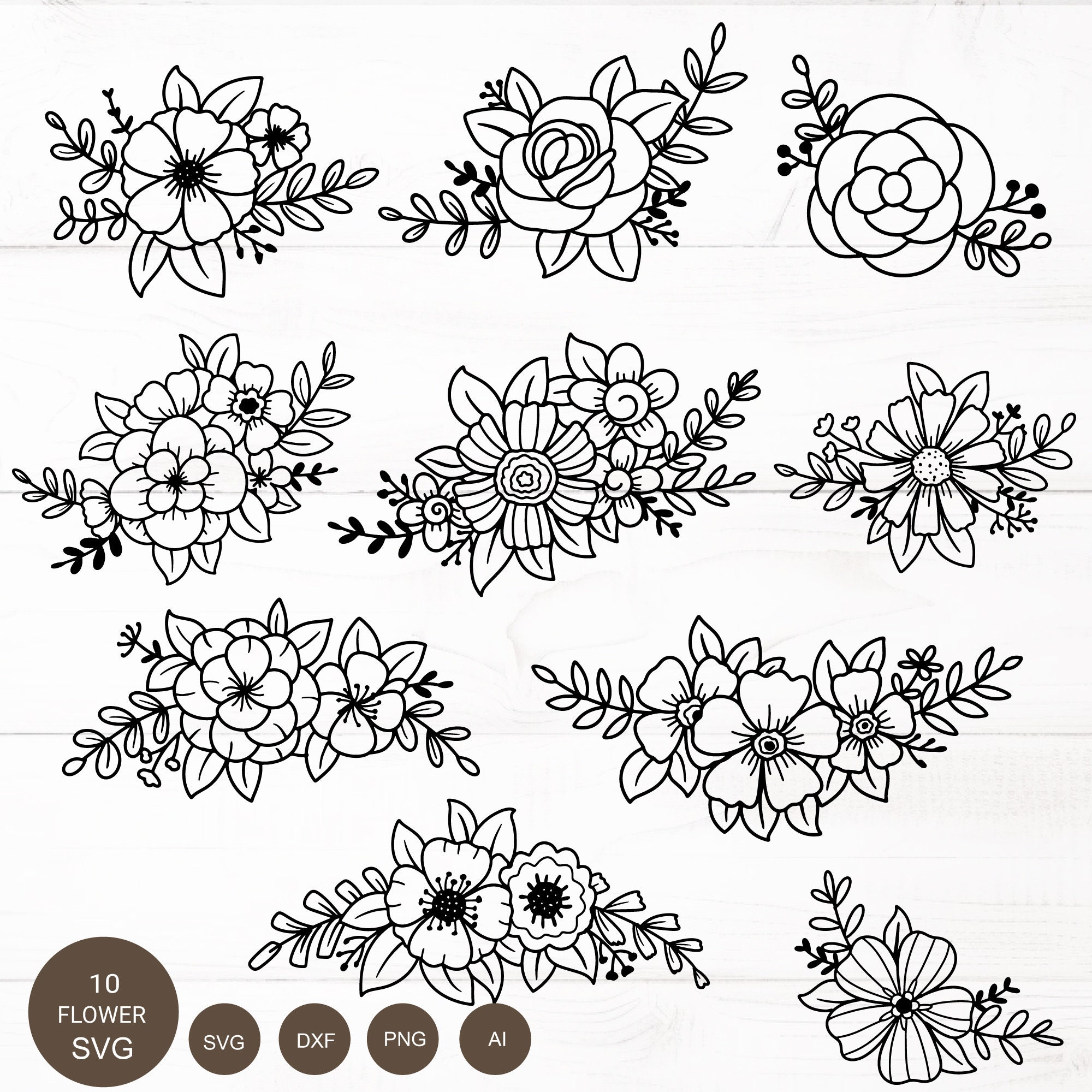 10 Flower Bundle SVG Files, Floral SVG Files, Flower Leaf Leaves Cut ...