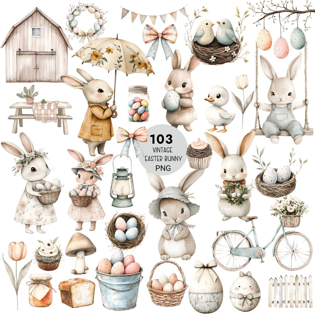 103 Vintage Easter Bunny Clipart Bundle,cute Spring Clip Art,watercolor ...