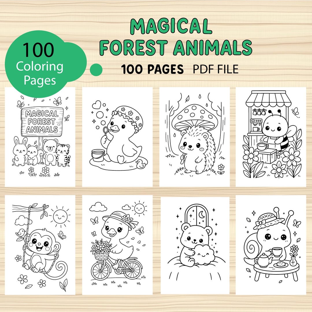 100 Pages Kids Coloring Book Bundle PDF Magical Forest Animals A4 ...
