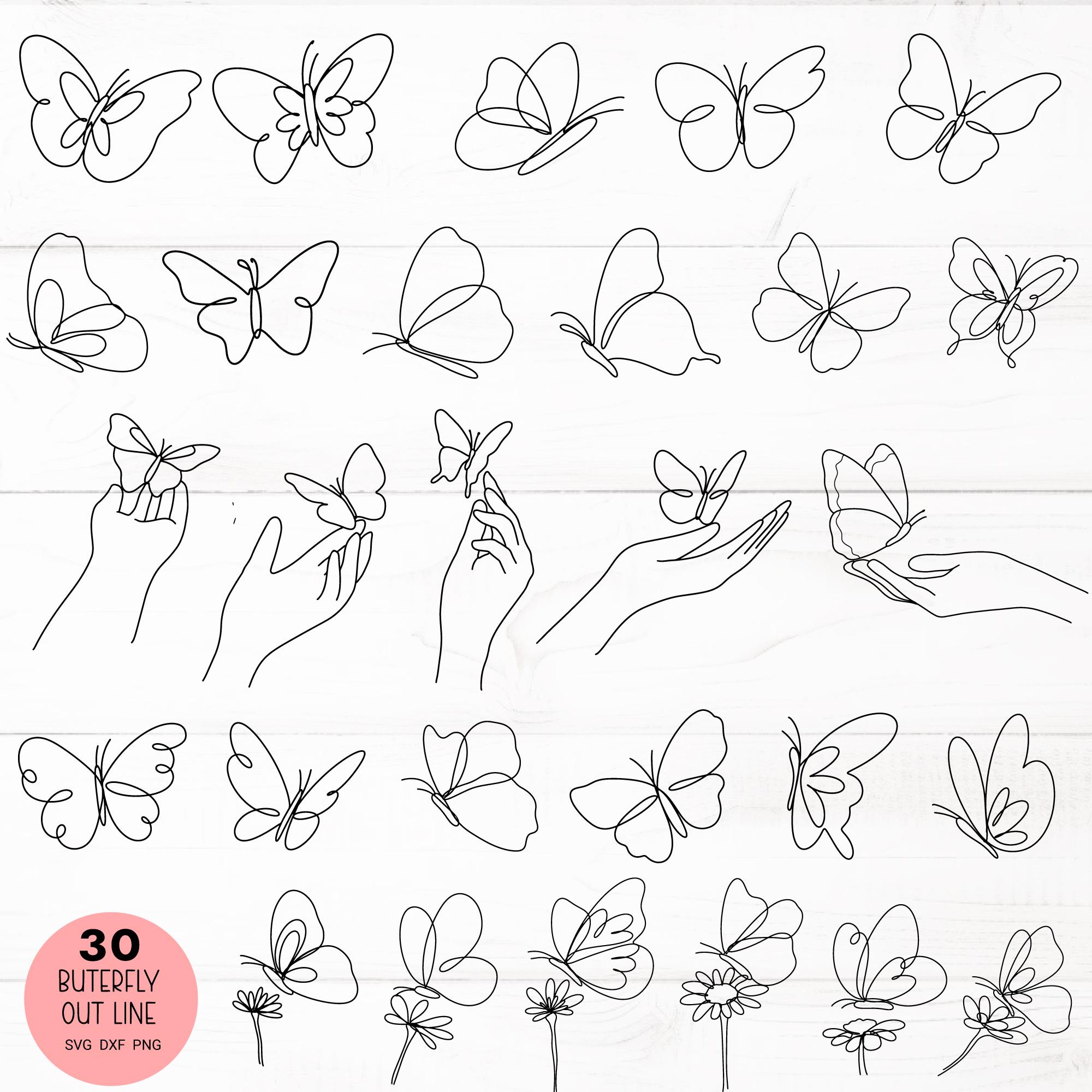 30 Line Art Butterflies Bundle Svg, Butterfly With Hand,flower Line Art ...