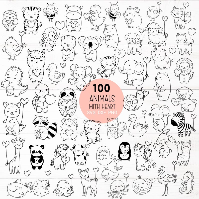 100 Animals With Valentine Bundle SVG for Cut File, Animal Hand Drawn ...