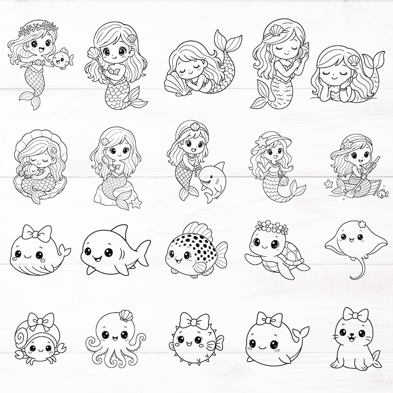 110 Bundle Kawaii Mermaid SVG for Cut File | Mermaid Outline Clipart ...
