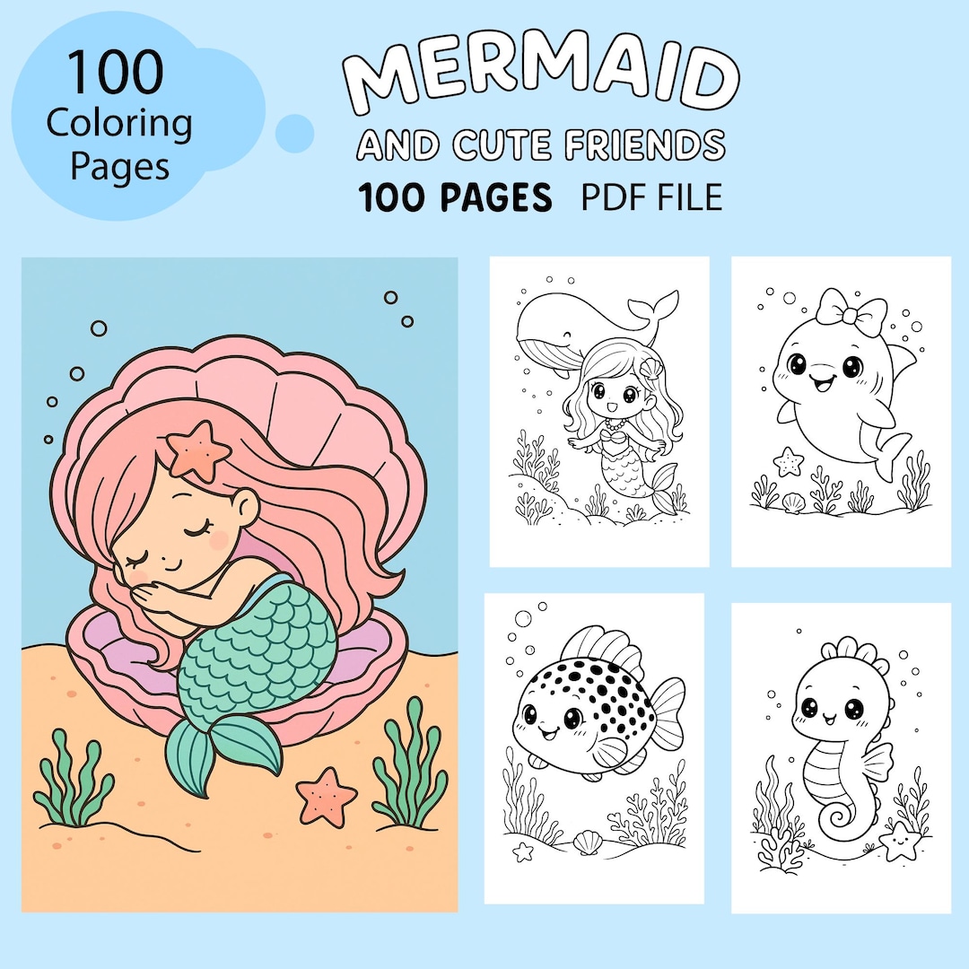 100 Pages Kids Coloring Book Bundle PDF Mermaid&sea Coloring Book A4 ...