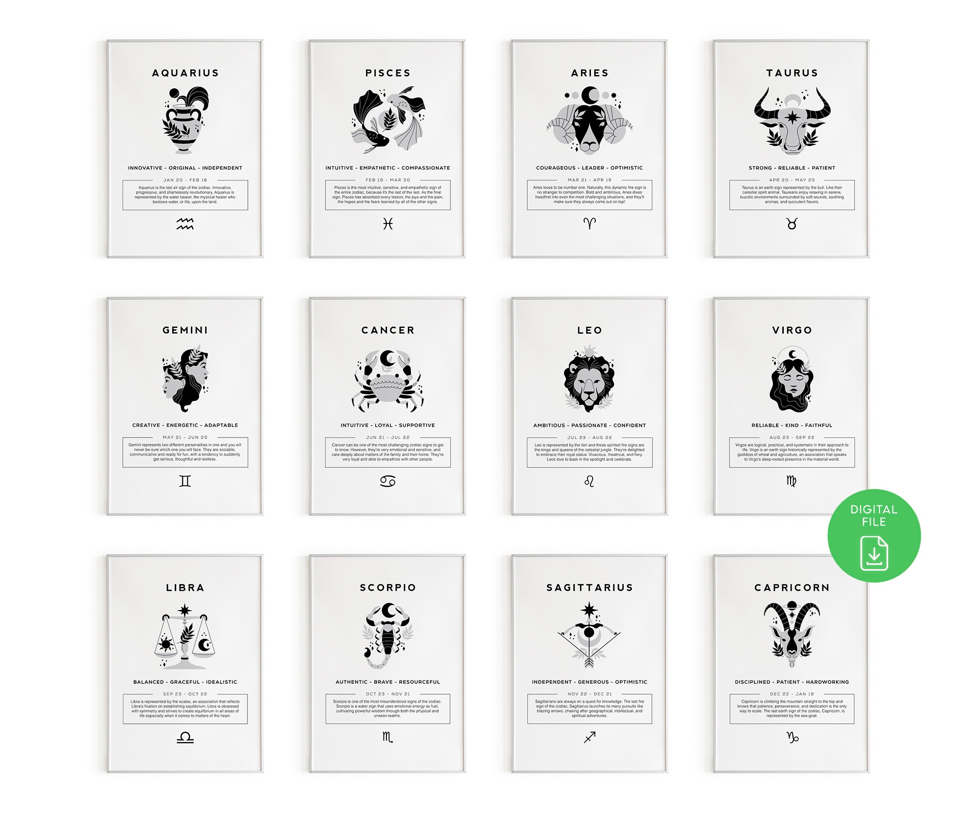 12pc Zodiac Print Set, Zodiac Signs, Printable Gift, Zodiac Art ...