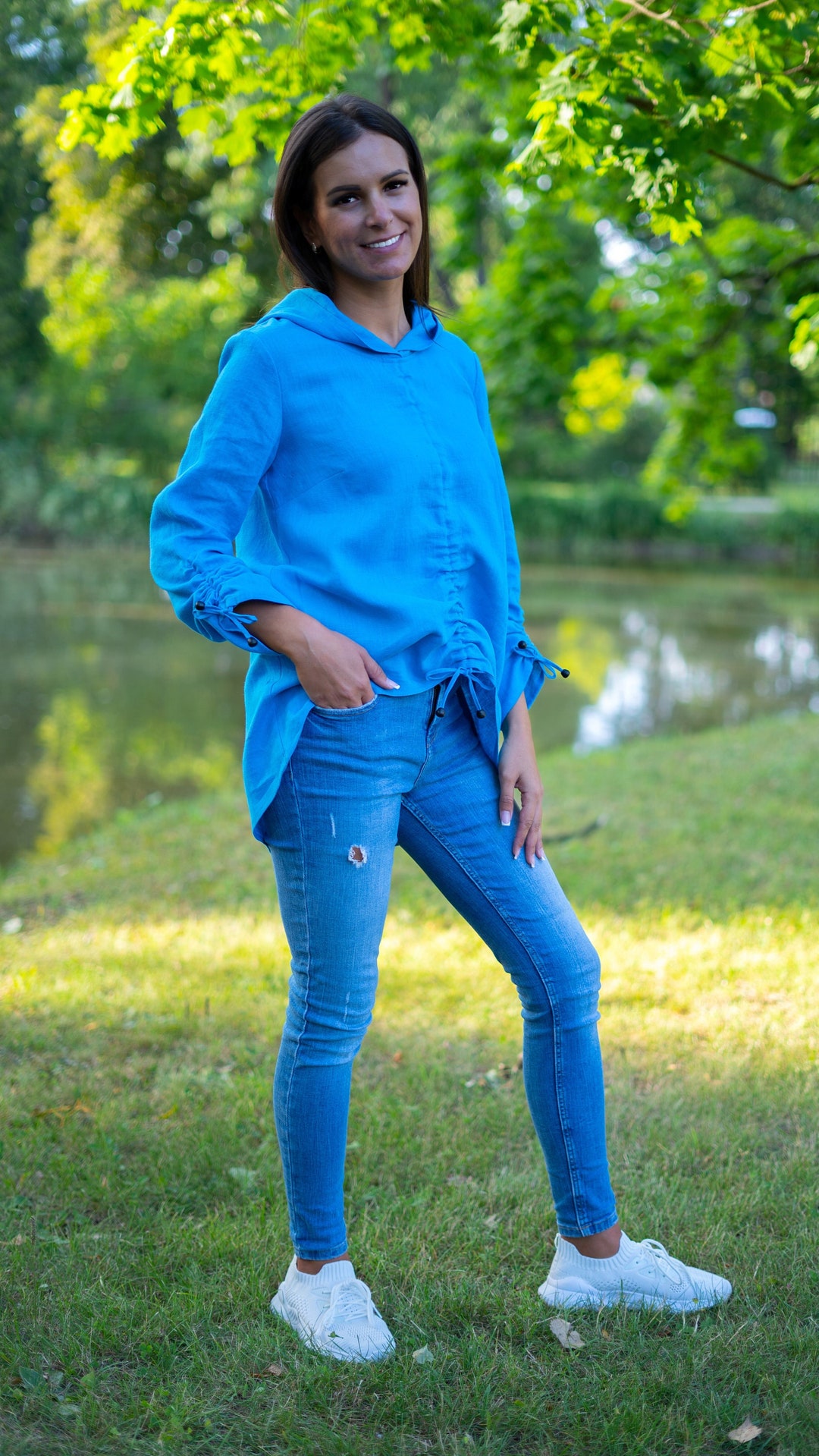Turquoise Linen Blouse With Hoodie | Blue Linen Top for Women | Long ...