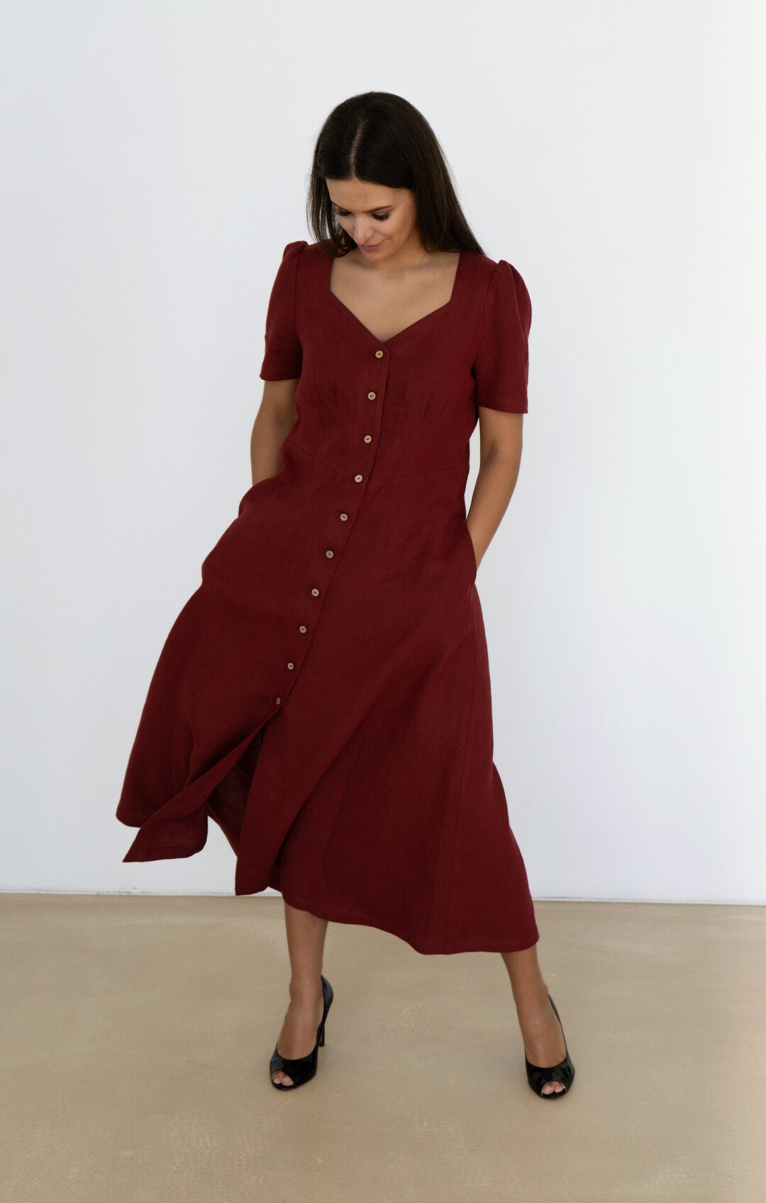 Burgundy Linen Midi Dress | Button Front Summer Dress With Short ...