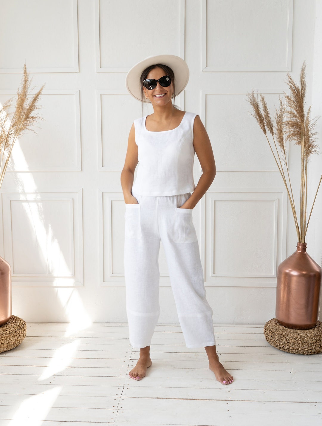 Womens White Linen Cropped Pants | Summer Breathable High Waist Linen ...