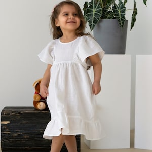 White Linen Girl Dress | Flutter Sleeve Toddler Dress With Ruffle Hem ...