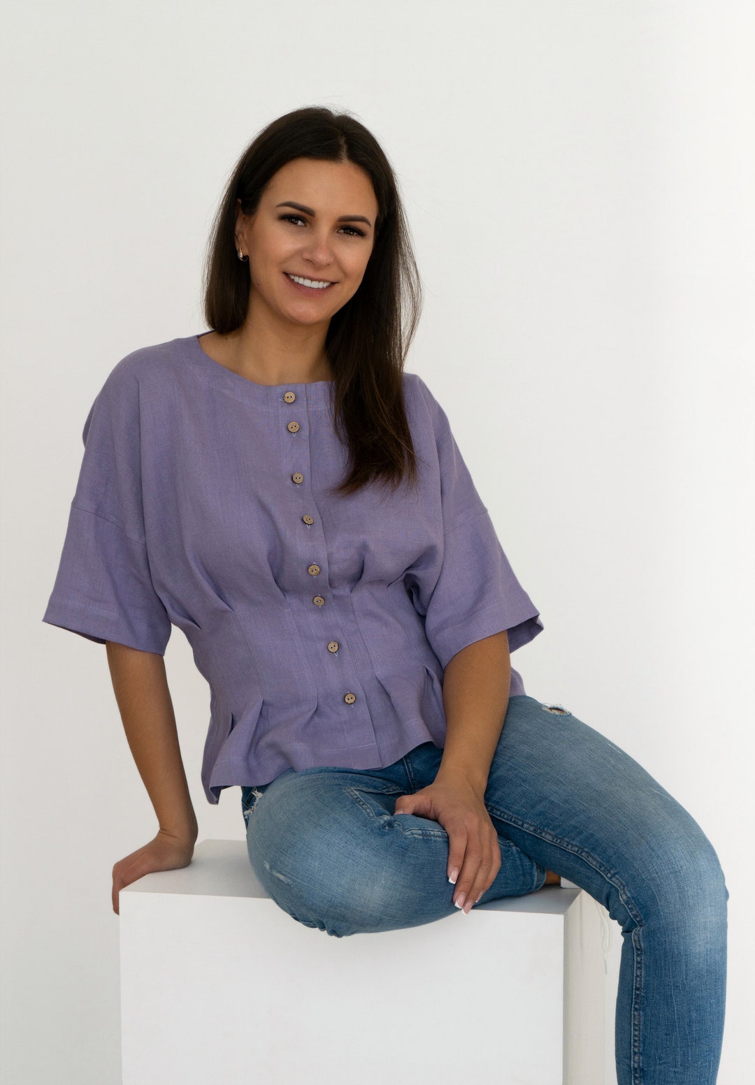 Lavender Linen Blouse | Button Front Summer Linen Top | Short Sleeve ...