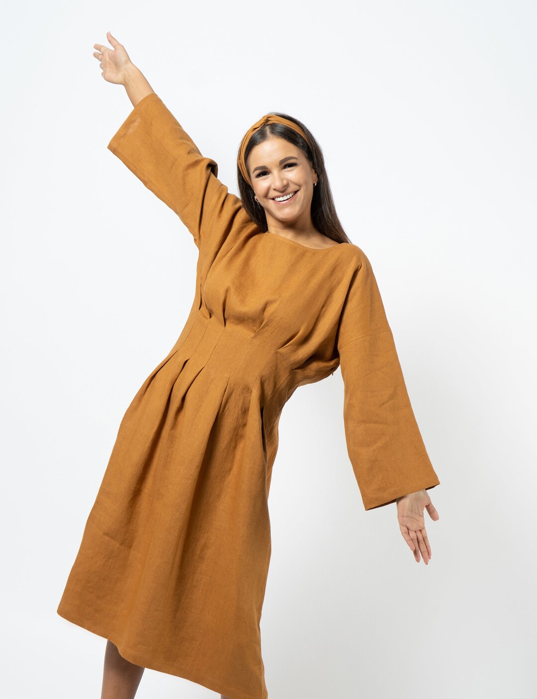 Cinnamon Linen Midi Dress | Loose Fit Kimono Sleeve Dress | Casual ...