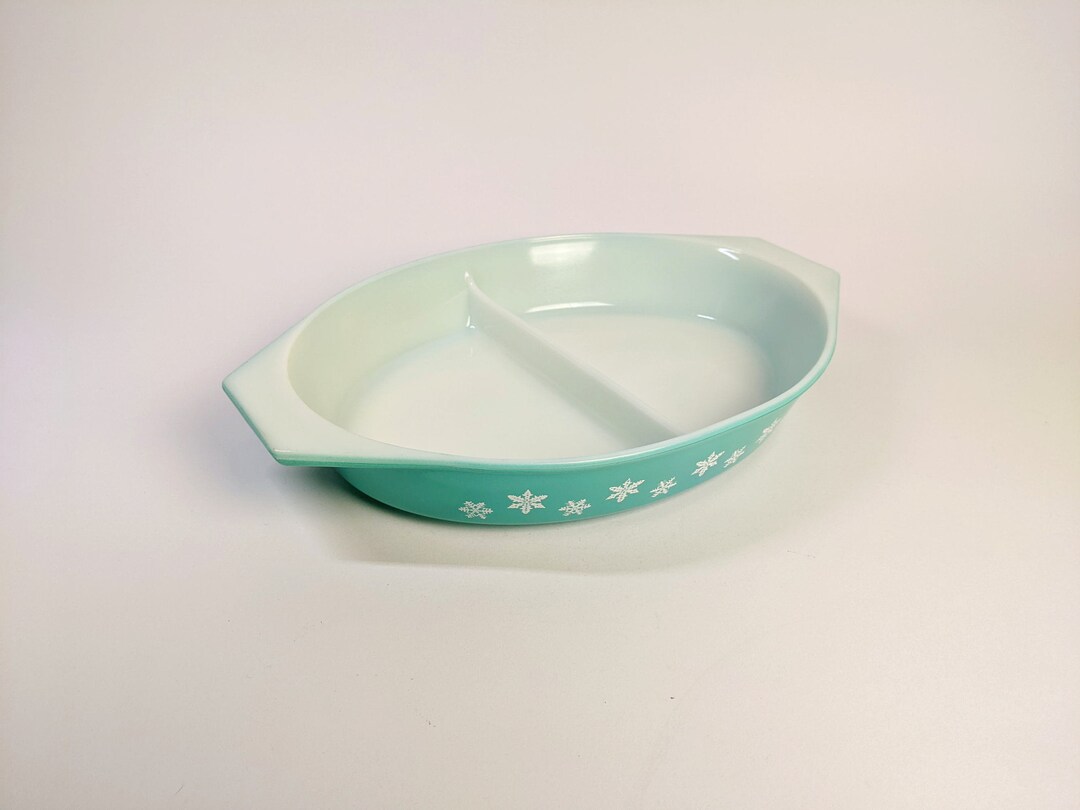 Vintage JAJ Pyrex Gaiety Snowflake Turquoise Oval Divided Serving Dish ...