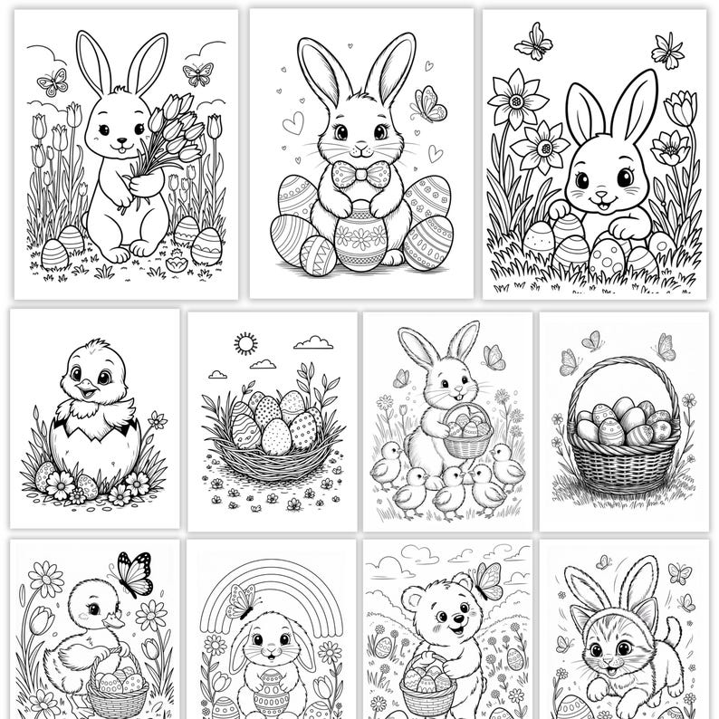 Easter Spring Coloring Pages for Kids, Easter Animal Coloring Book ...
