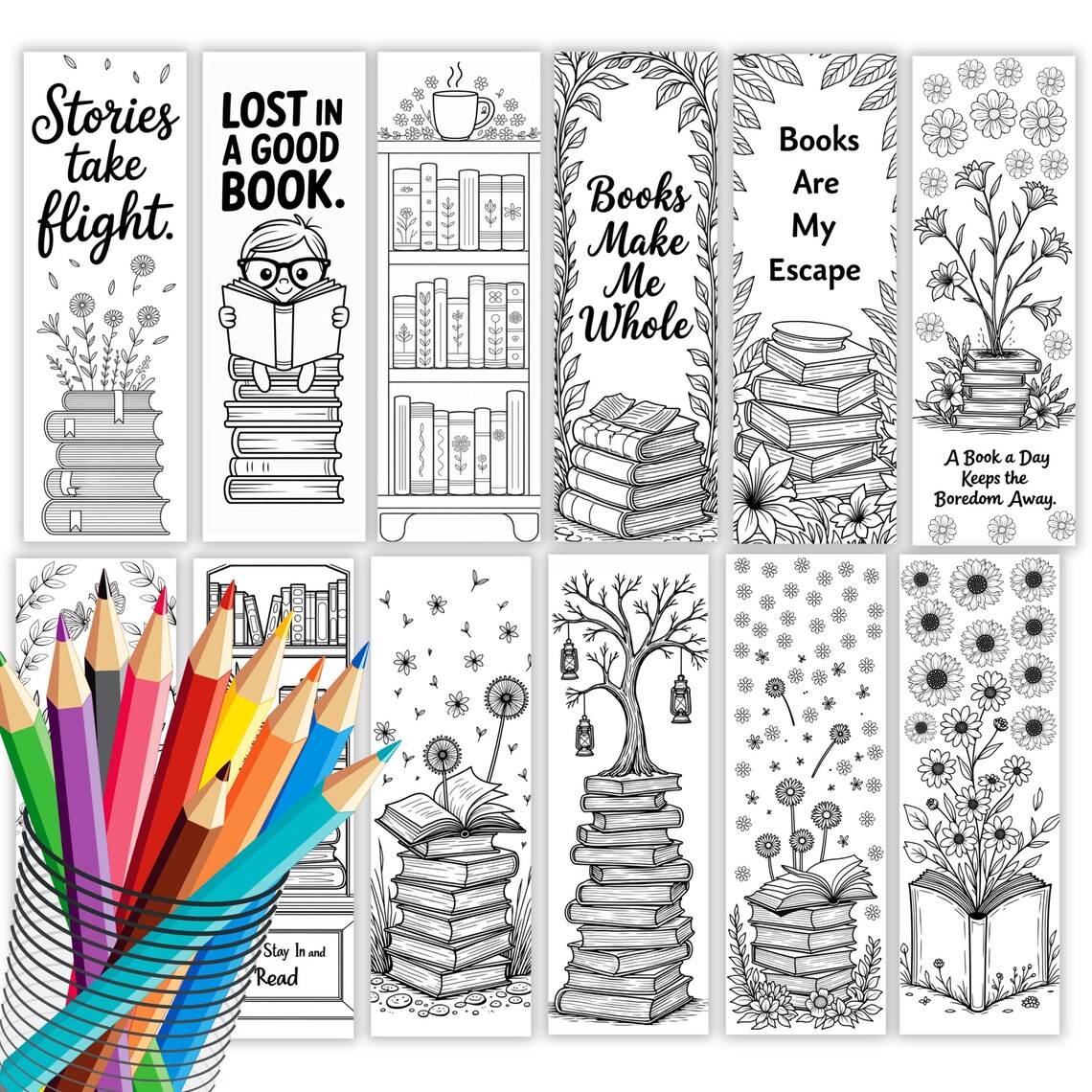 Reading Coloring Bookmarks Printable, Library Lovers Month Activity for ...