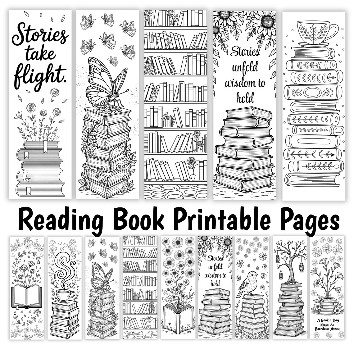 Reading Coloring Bookmarks Printable, Library Lovers Month Activity for ...