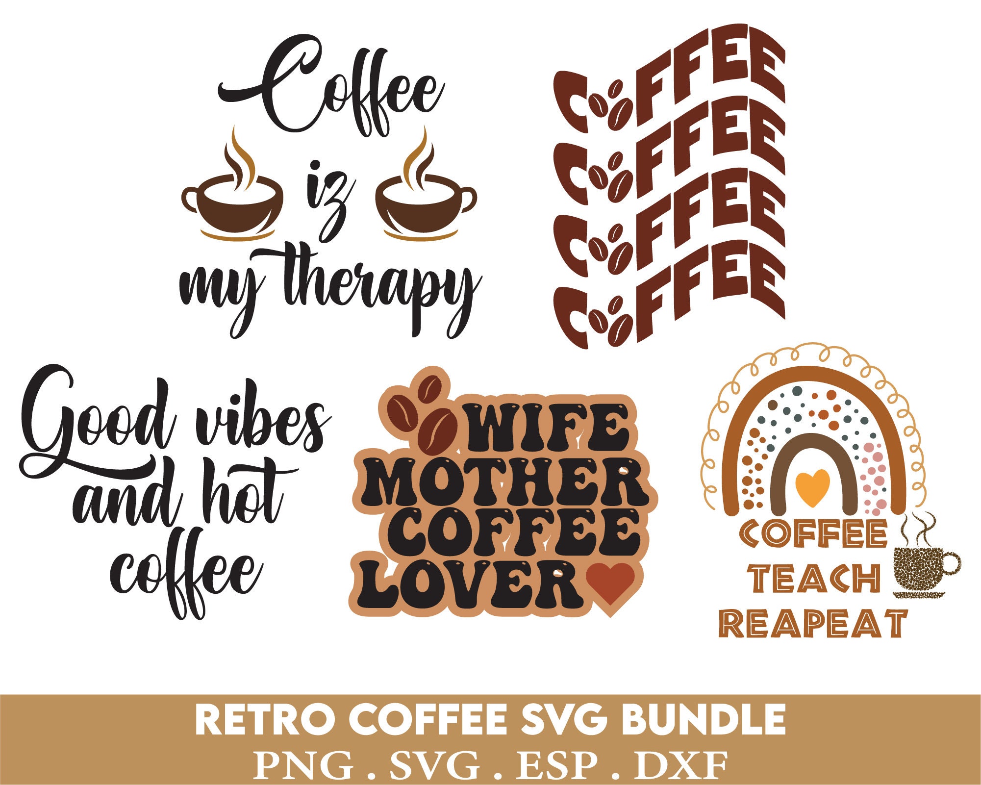 Retro Coffee Svg Bundle, Wavy Coffee Svg, Coffee Smiley Face Svg, Iced ...