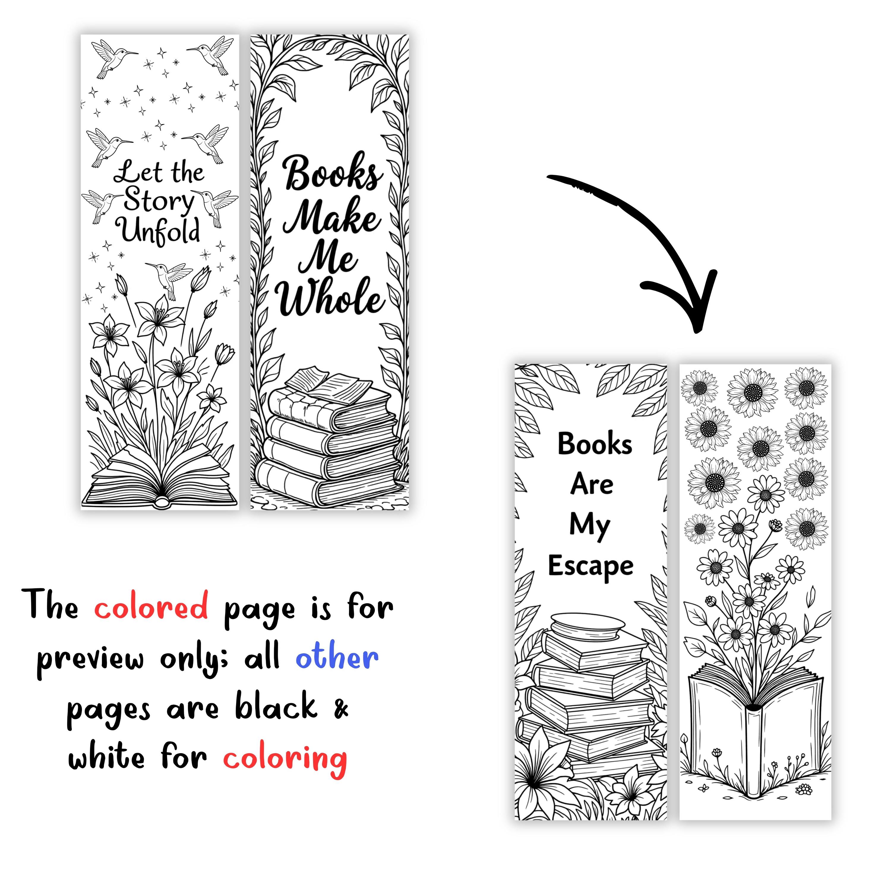 Reading Coloring Bookmarks Printable, Library Lovers Month Activity for ...
