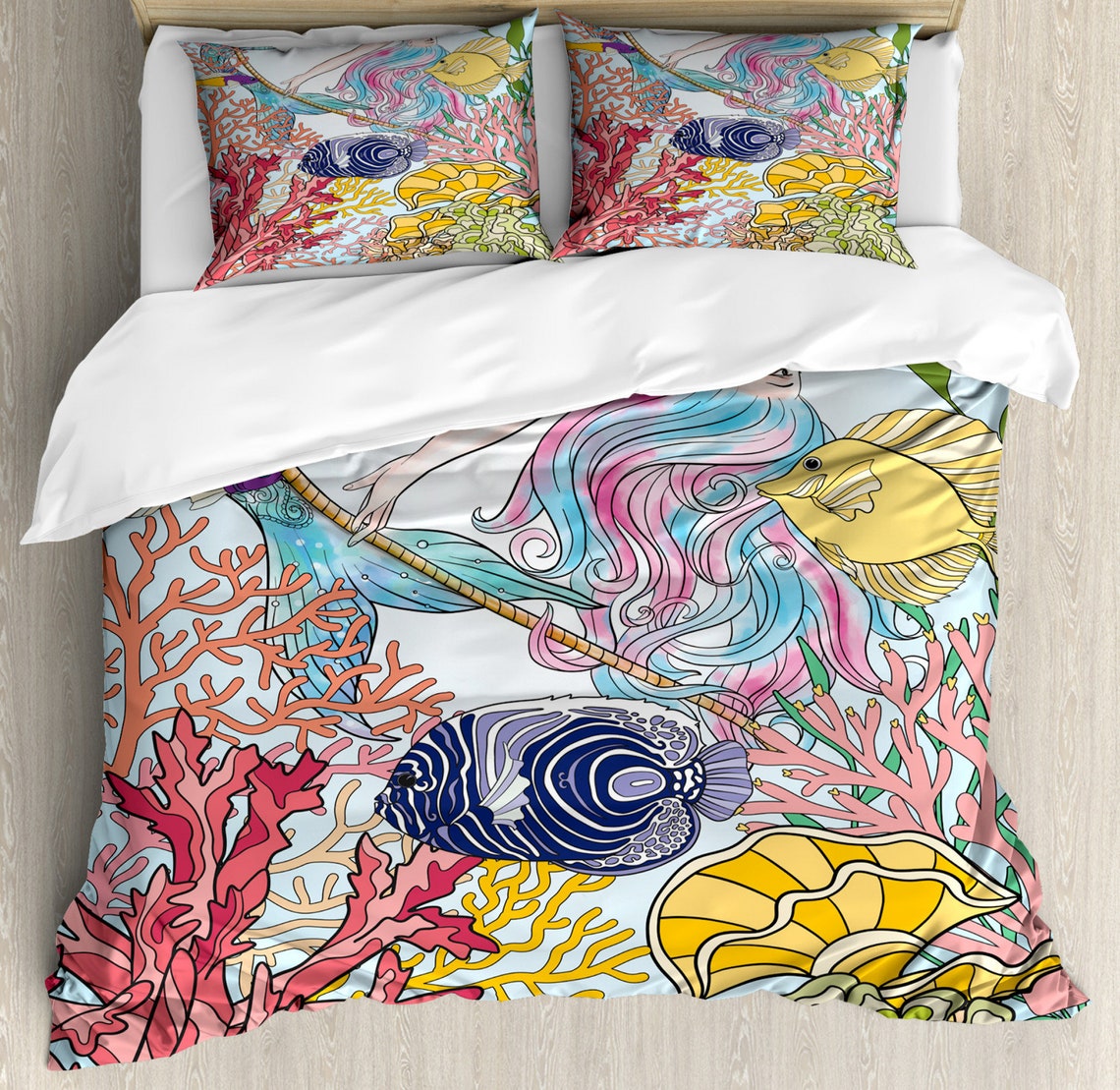 Mermaid Duvet Cover Set Hand Drawn Mermaid Creature Swinging - Etsy