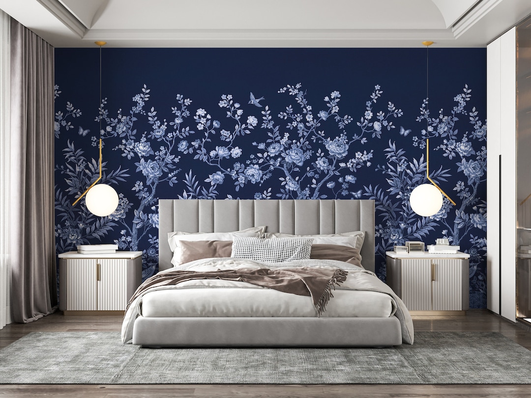 Chinoiserie Wallpaper Mural Midnight Blue High Quality Wallpaper Mural ...