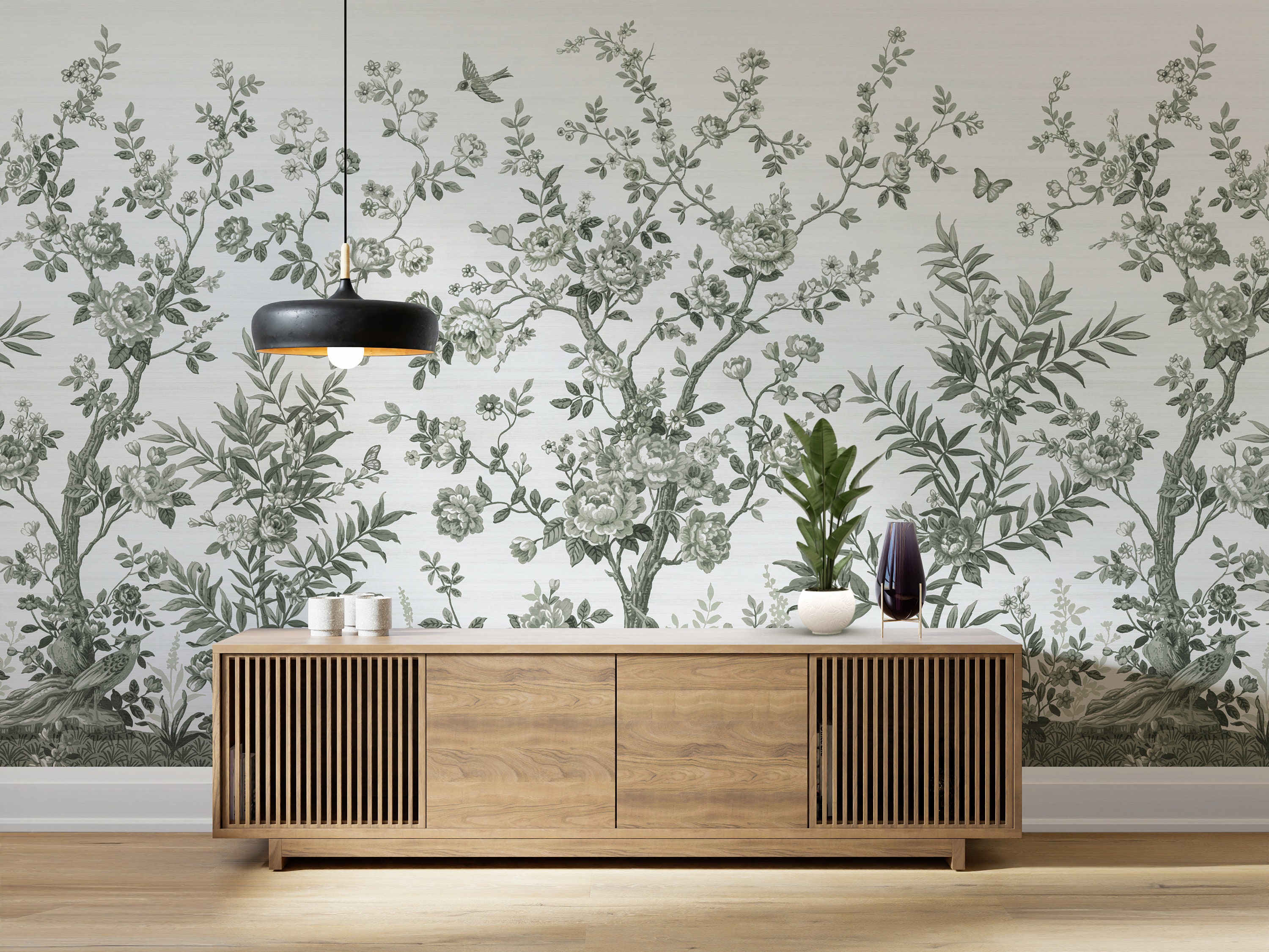 Chinoiserie Wallpaper Mural Sage Green High Quality Wallpaper Mural Chinoiserie Wallpaper, Tree ...