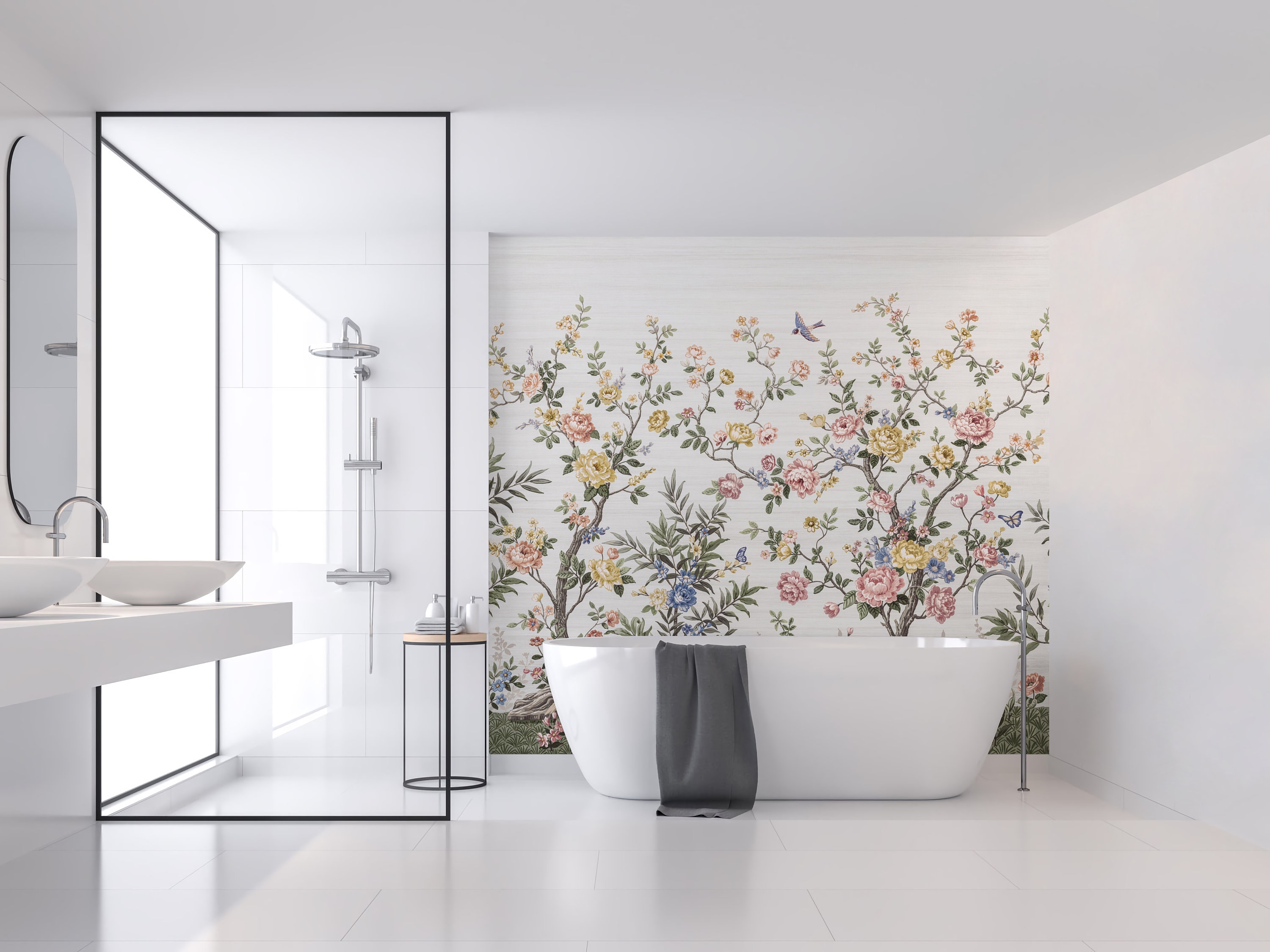 Chinoiserie Wallpaper Mural Soft White High Quality Wallpaper Mural Chinoiserie Wallpaper, Trees ...