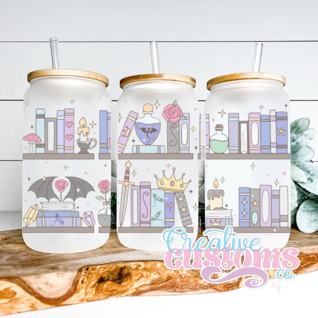 Fantasy Bookshelf Frosted Glass Can With Bamboo Lid & Straw - Etsy