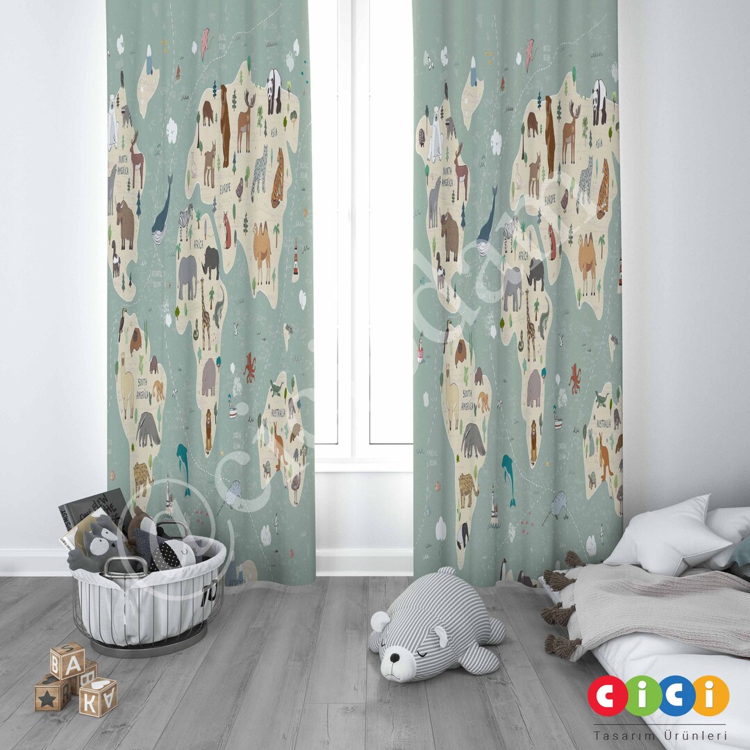 World Map Curtain, Animals Curtain, Baby Boy and Girl Kids Room Curtain ...