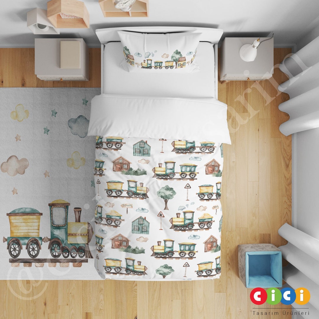 Trains Linens Set, Green Bedding Set, Baby Boy Kids Room Duvet Cover ...