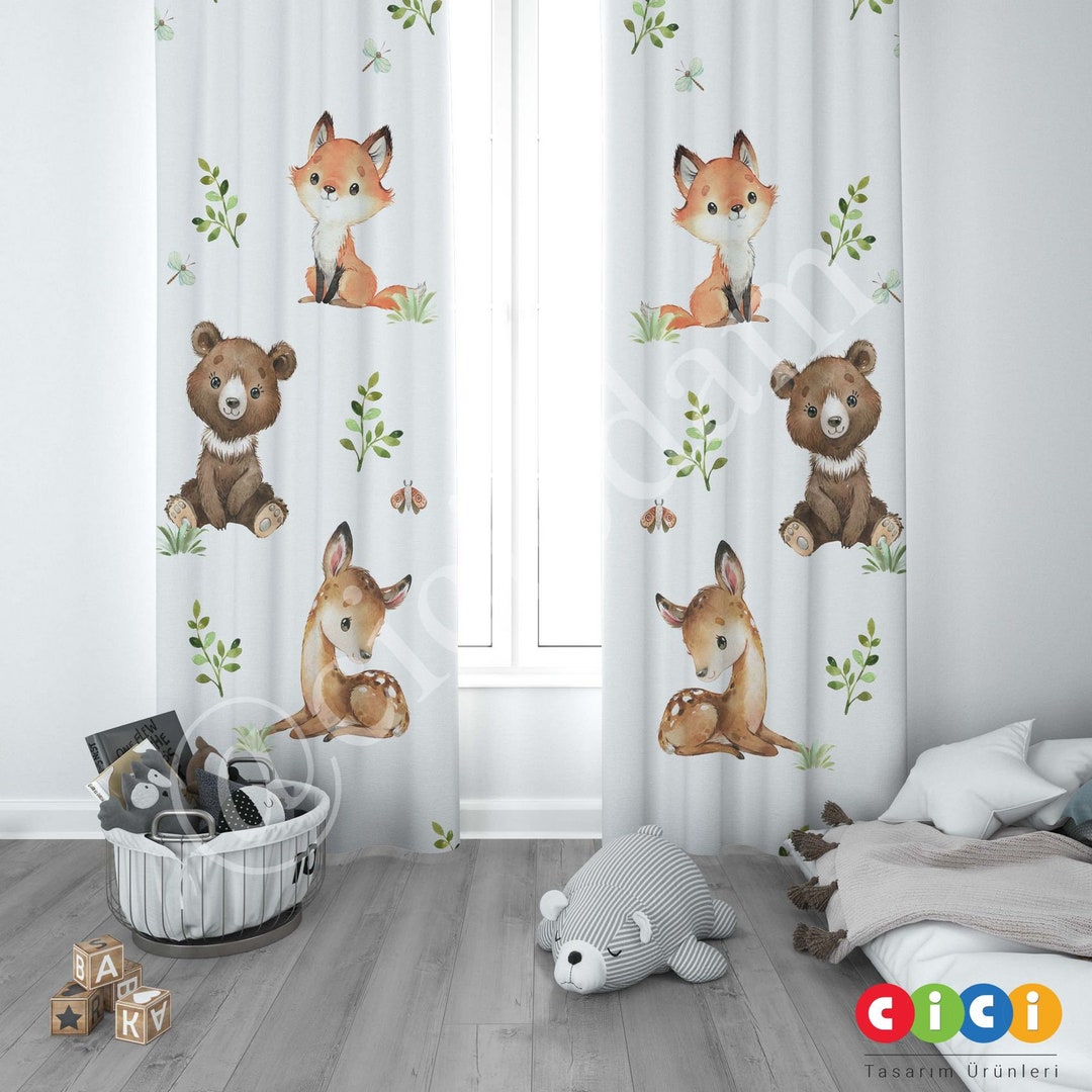 Woddland Curtain, Fox Curtain, Bear Deer Curtain, Animals Curtain, Baby ...