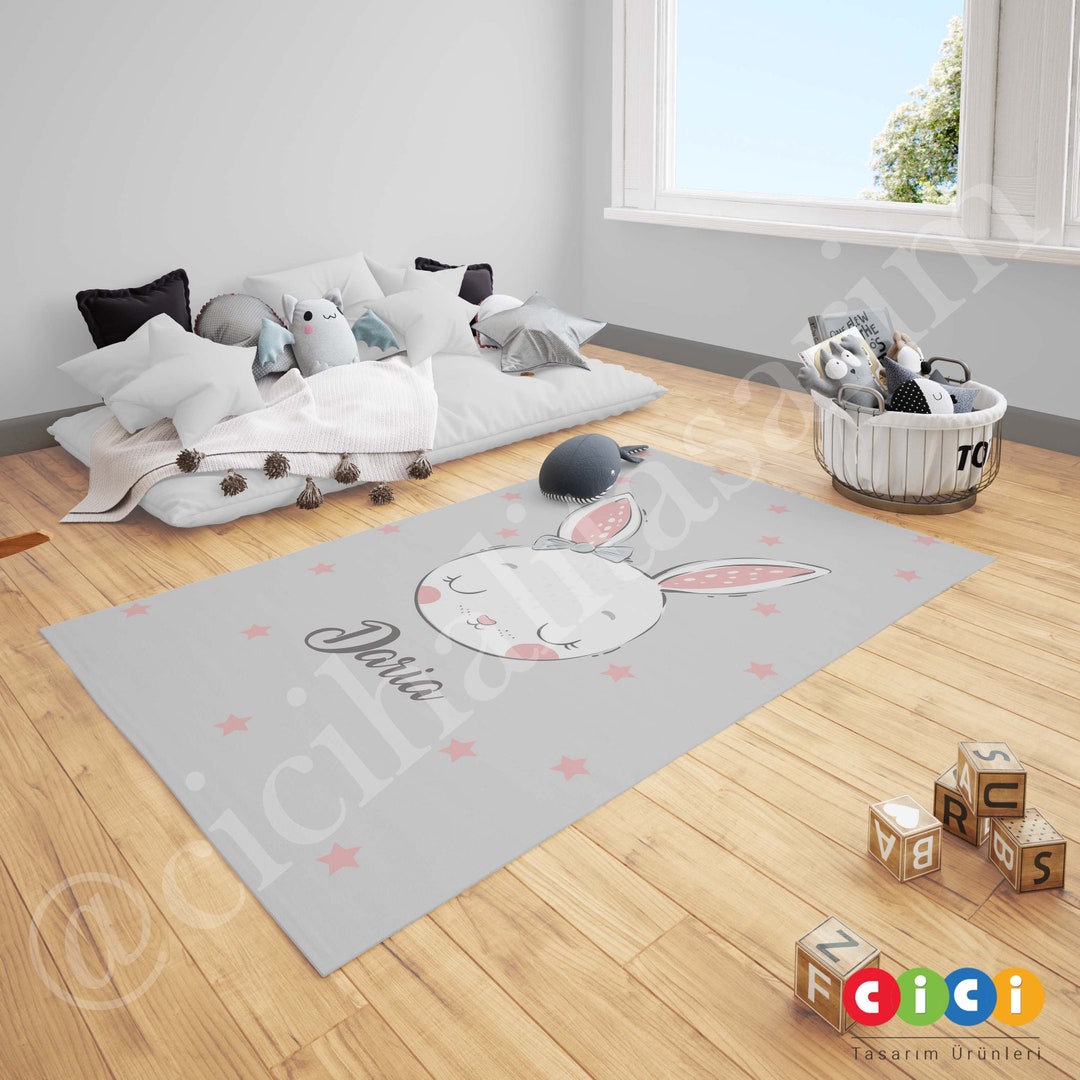 Rabbit Rug, Stars Rug, Baby Girl Kids Room Rug, Nursery Room Rug ...