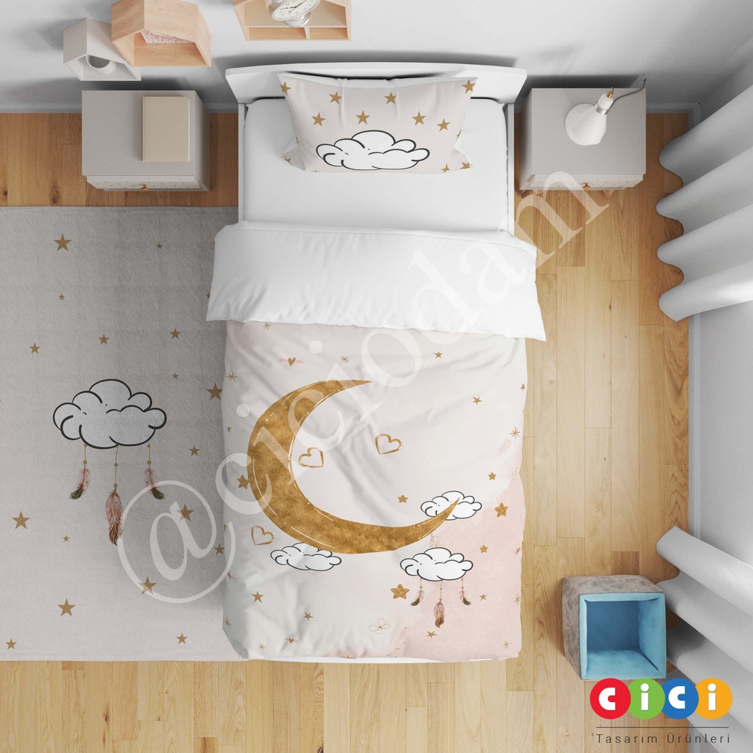 Half Moon Duvet Cover, Clouds Linen Set, Baby Boy and Girl Kids Room ...